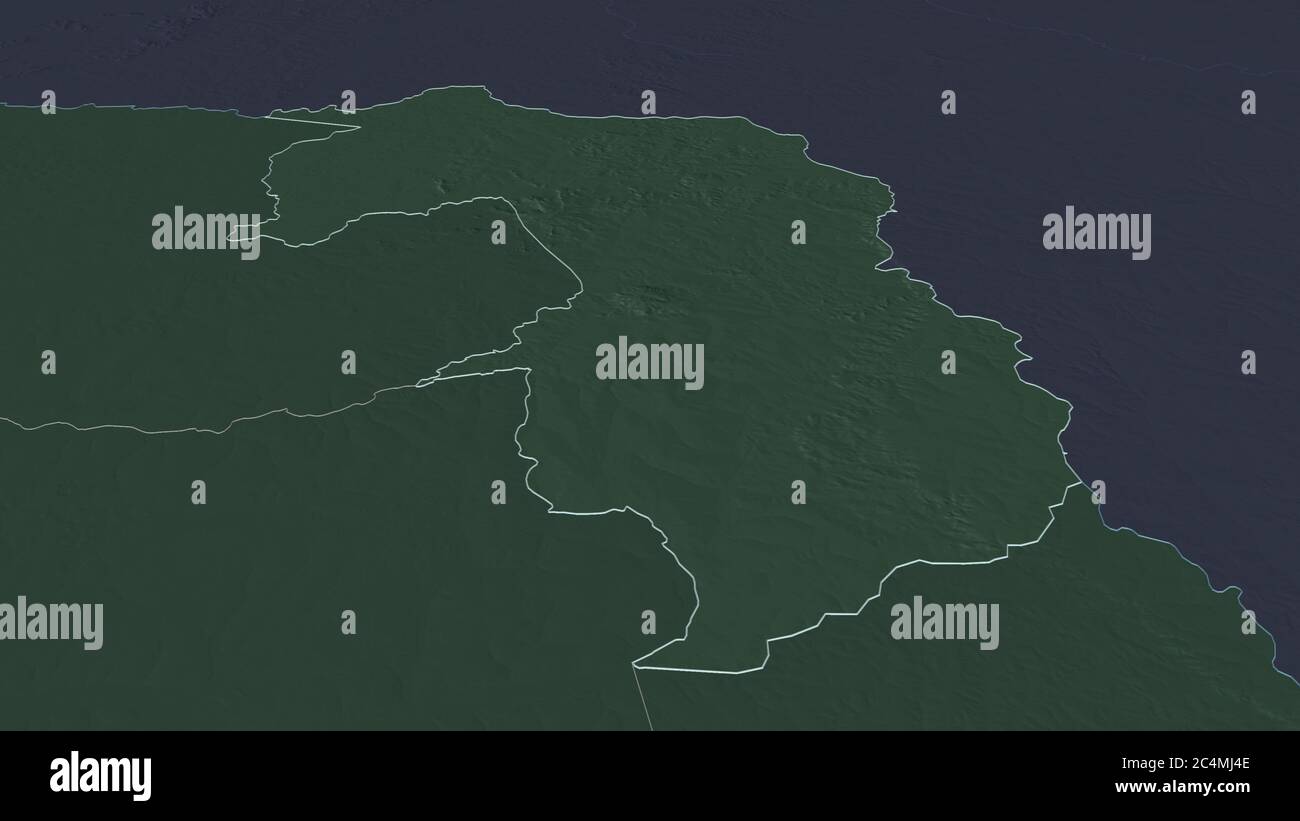 Zoom in on Amambay (department of Paraguay) outlined. Oblique ...