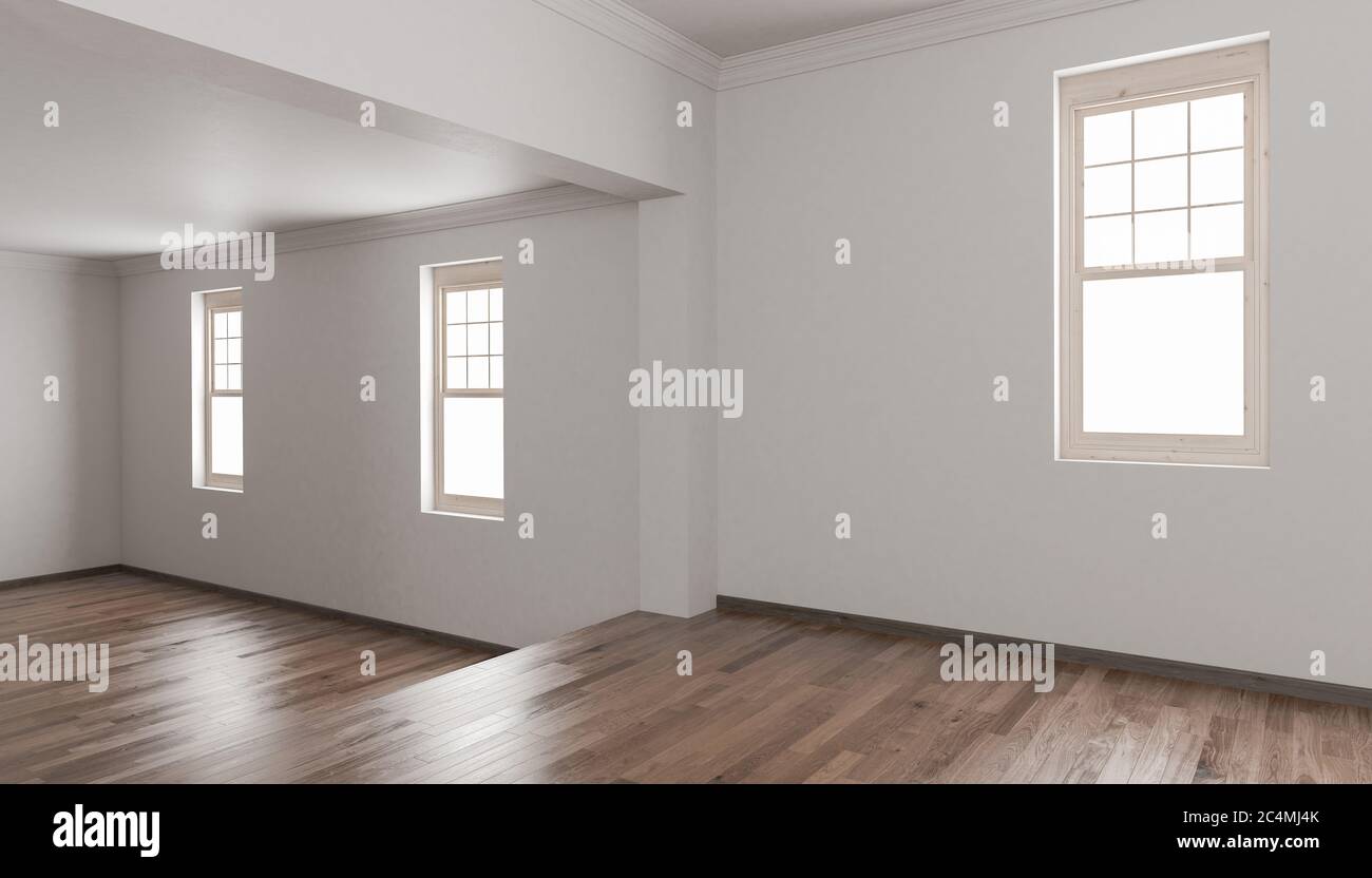 Interior Design with Raised Floor Detail and Single Hung Windows Stock ...