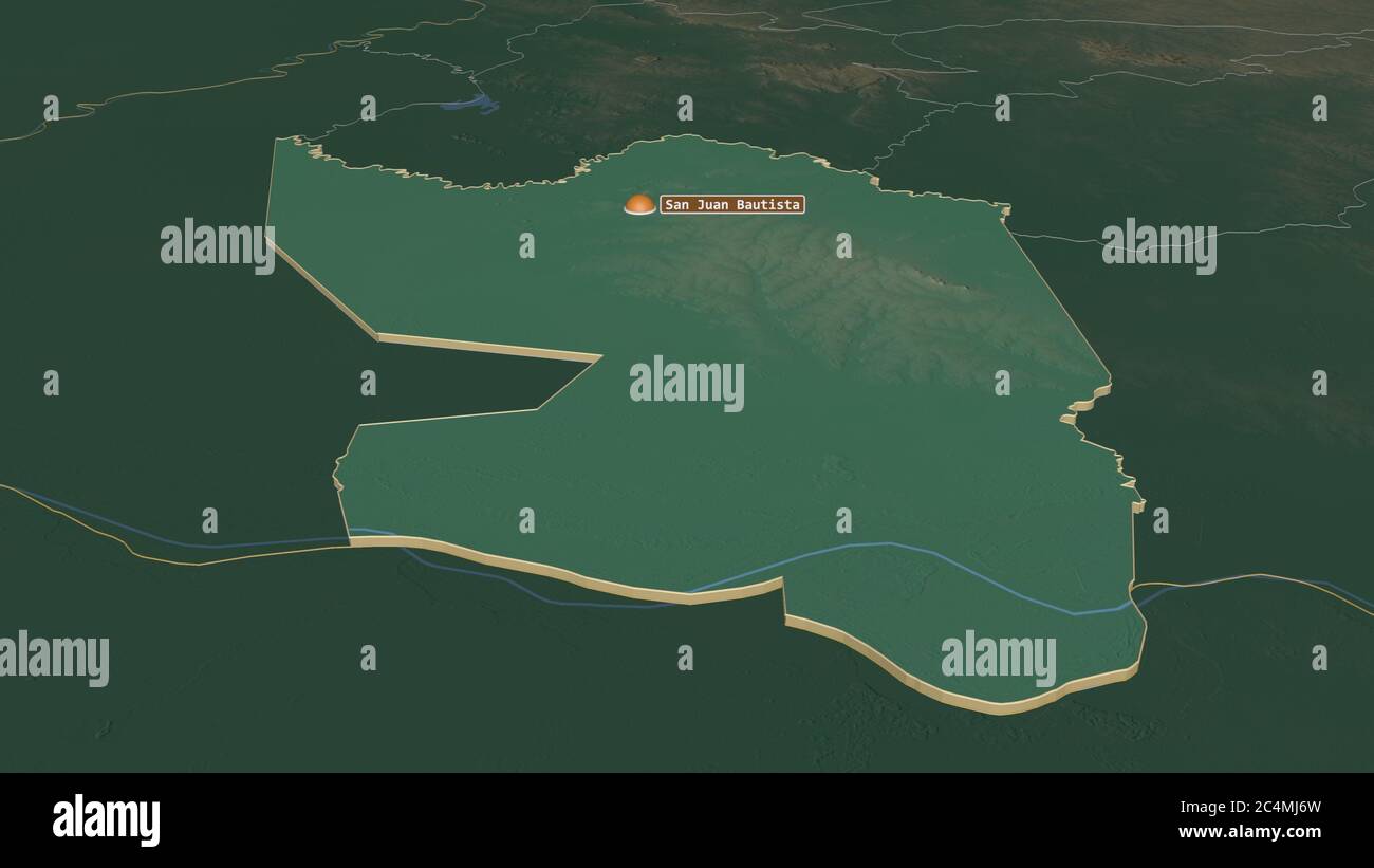 Zoom in on Misiones (department of Paraguay) extruded. Oblique ...