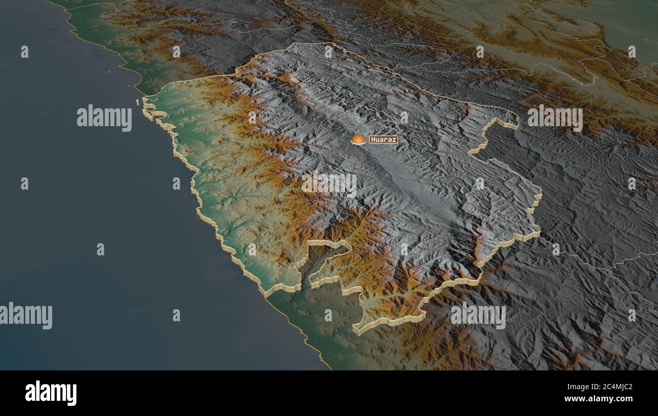 Zoom in on Ancash (region of Peru) extruded. Oblique perspective ...