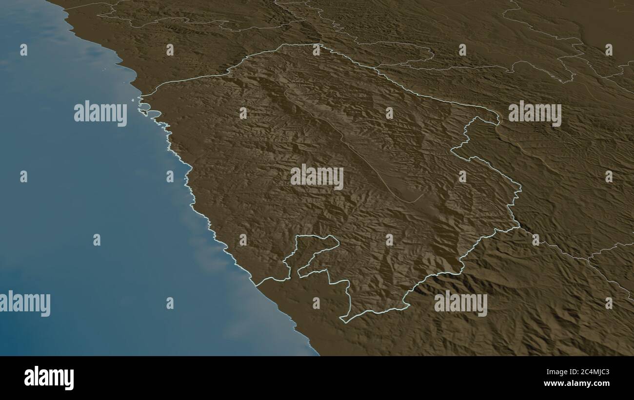 Zoom in on Ancash (region of Peru) outlined. Oblique perspective ...
