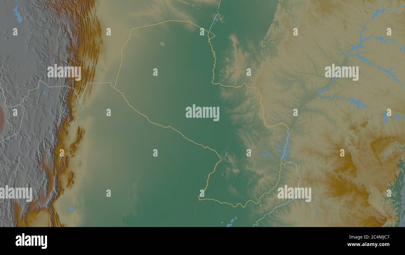 Outlined shape of the Paraguay area. Topographic relief map with ...