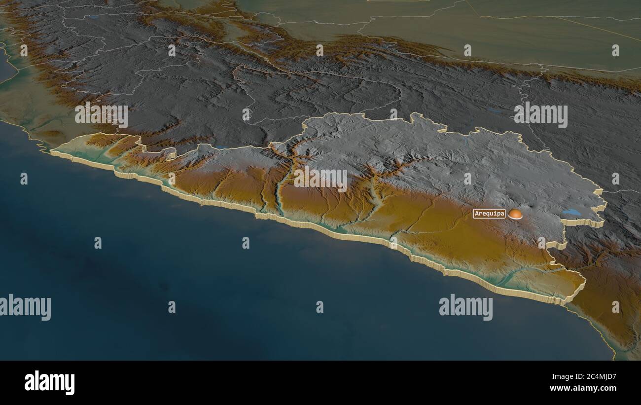 Zoom in on Arequipa (region of Peru) extruded. Oblique perspective ...