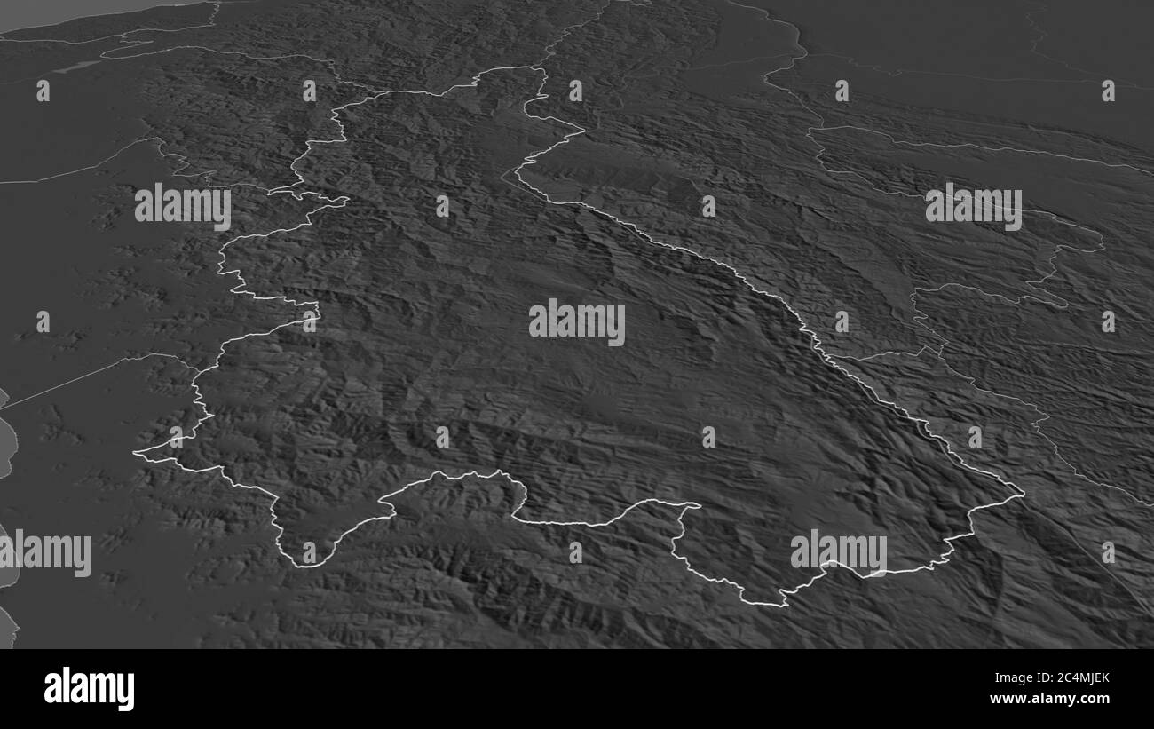 Zoom in on Cajamarca (region of Peru) outlined. Oblique perspective ...