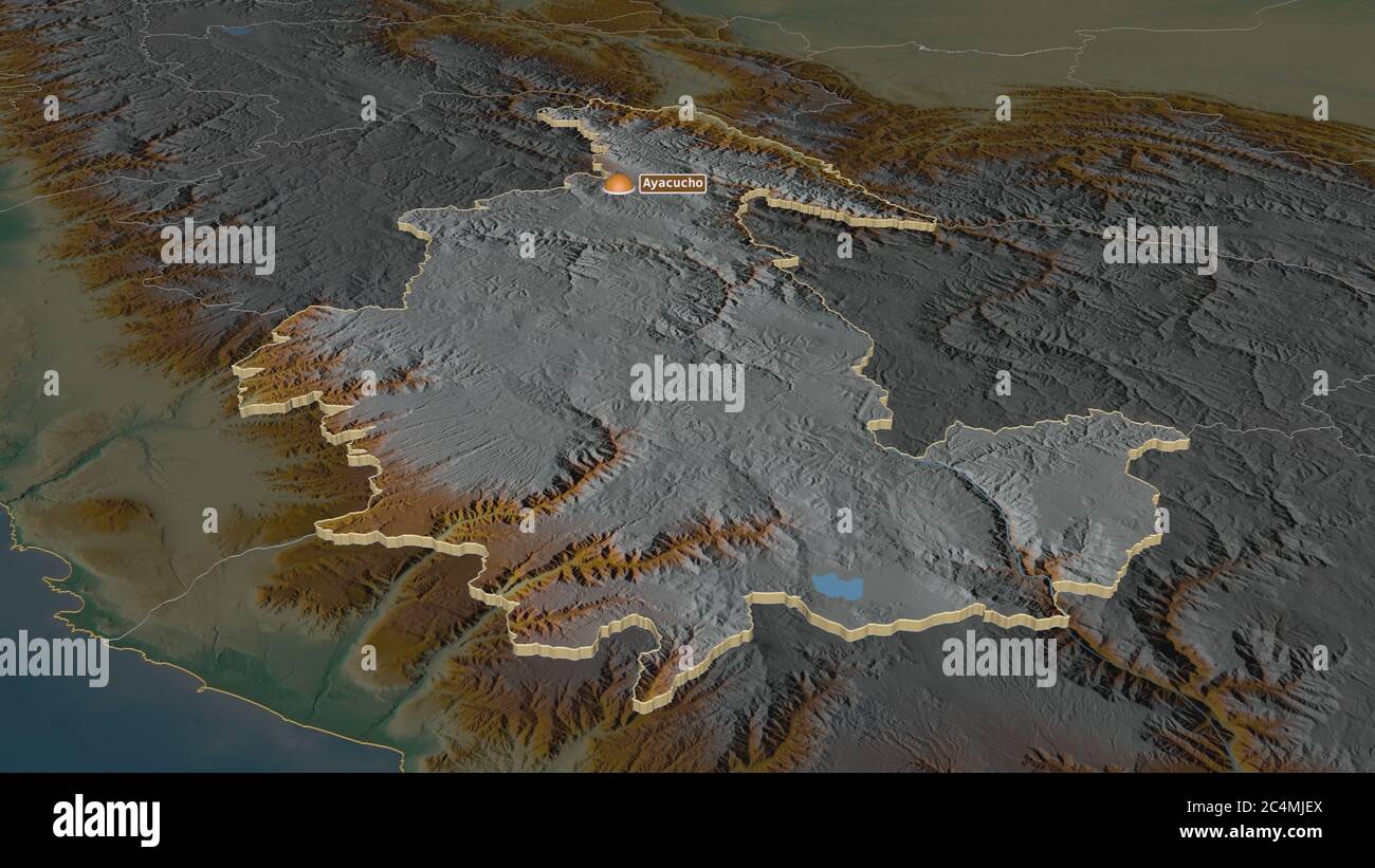 Zoom in on Ayacucho (region of Peru) extruded. Oblique perspective ...