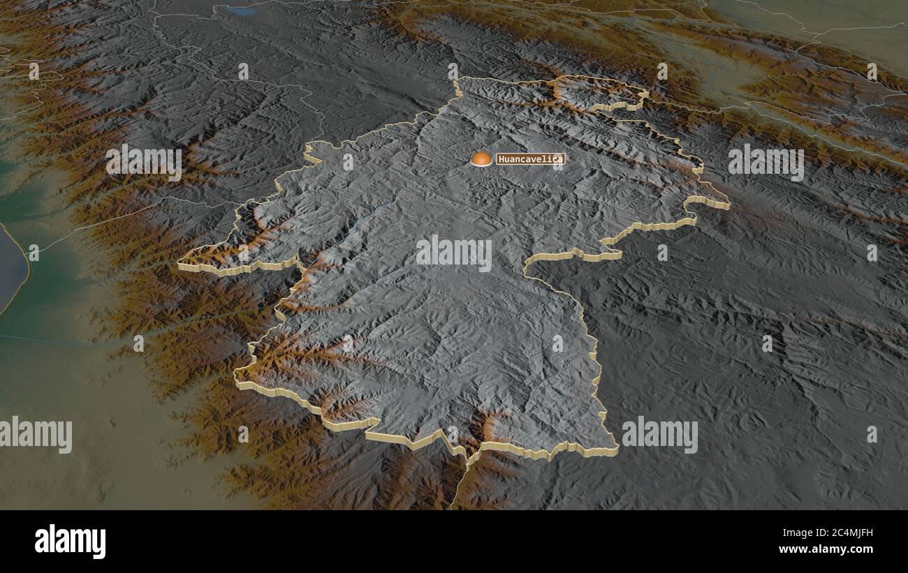 Zoom in on Huancavelica (region of Peru) extruded. Oblique perspective ...