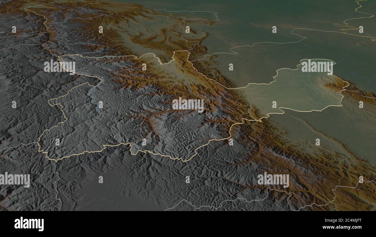 Zoom in on Huánuco (region of Peru) outlined. Oblique perspective ...