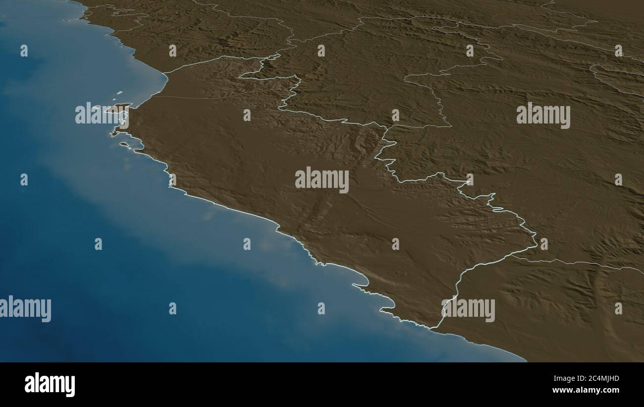 Zoom in on Ica (region of Peru) outlined. Oblique perspective. Colored ...
