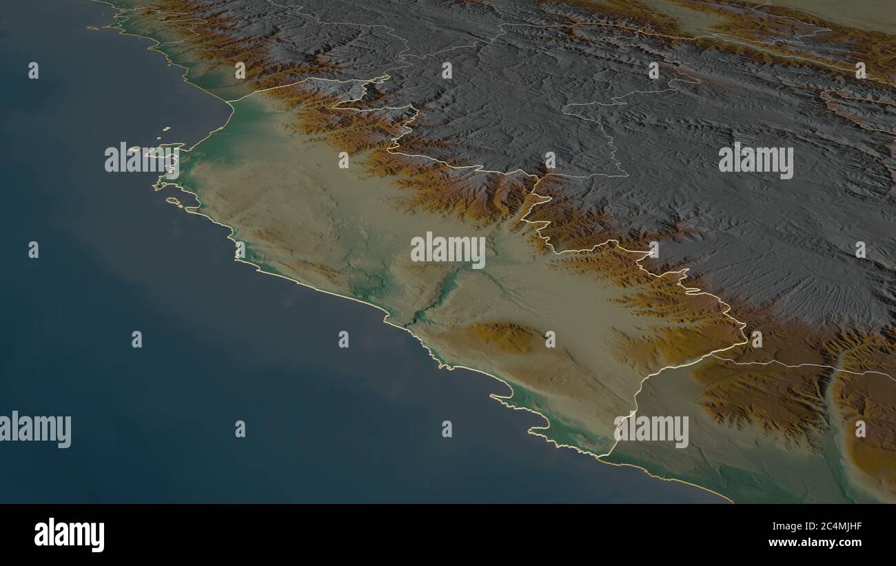 Zoom in on Ica (region of Peru) outlined. Oblique perspective ...