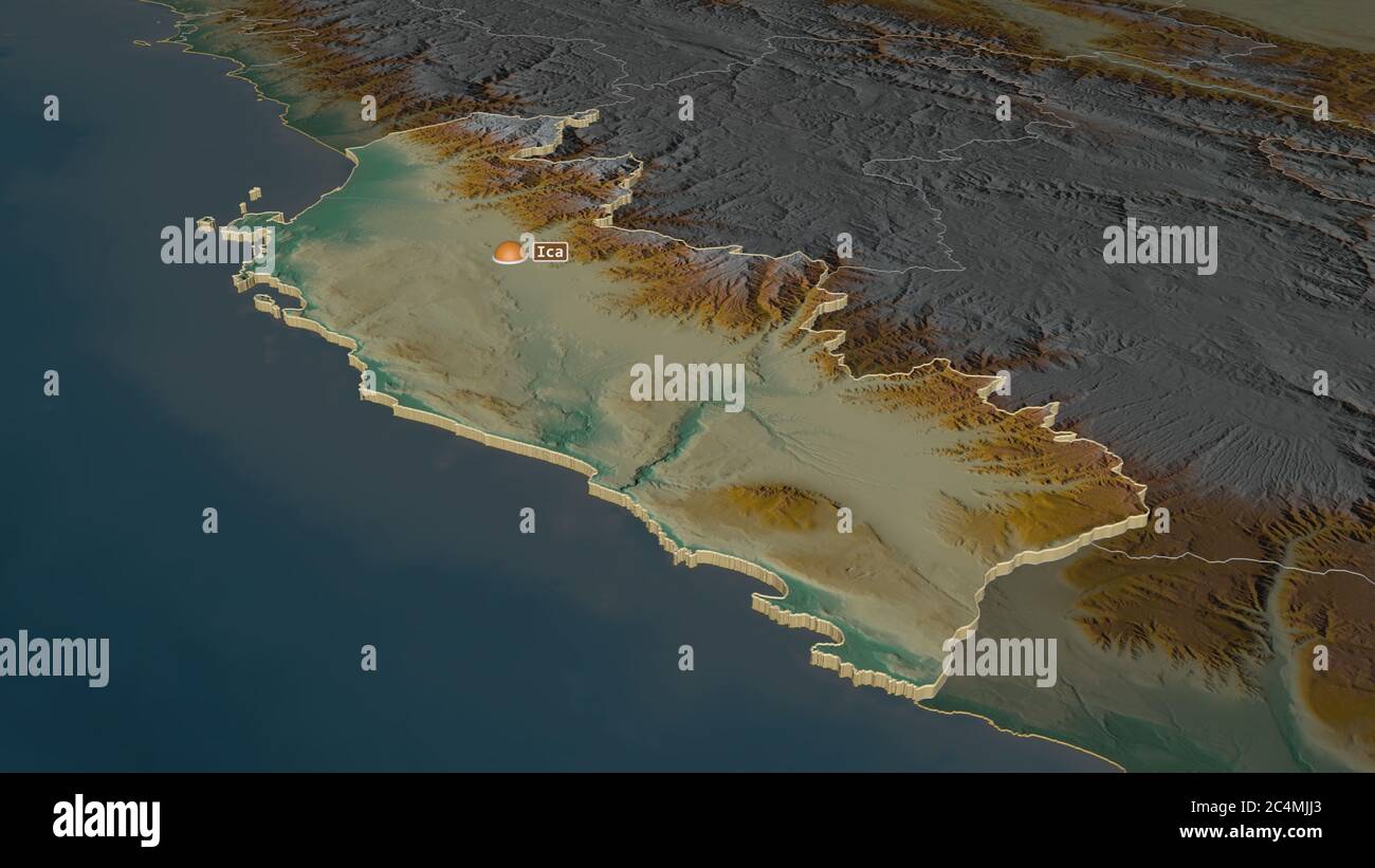 Zoom in on Ica (region of Peru) extruded. Oblique perspective ...