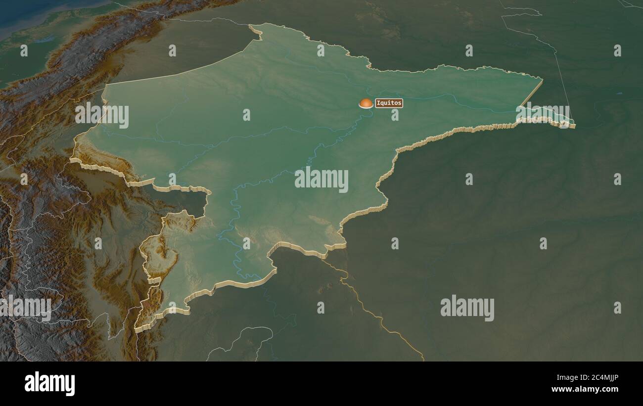 Zoom in on Loreto (region of Peru) extruded. Oblique perspective ...