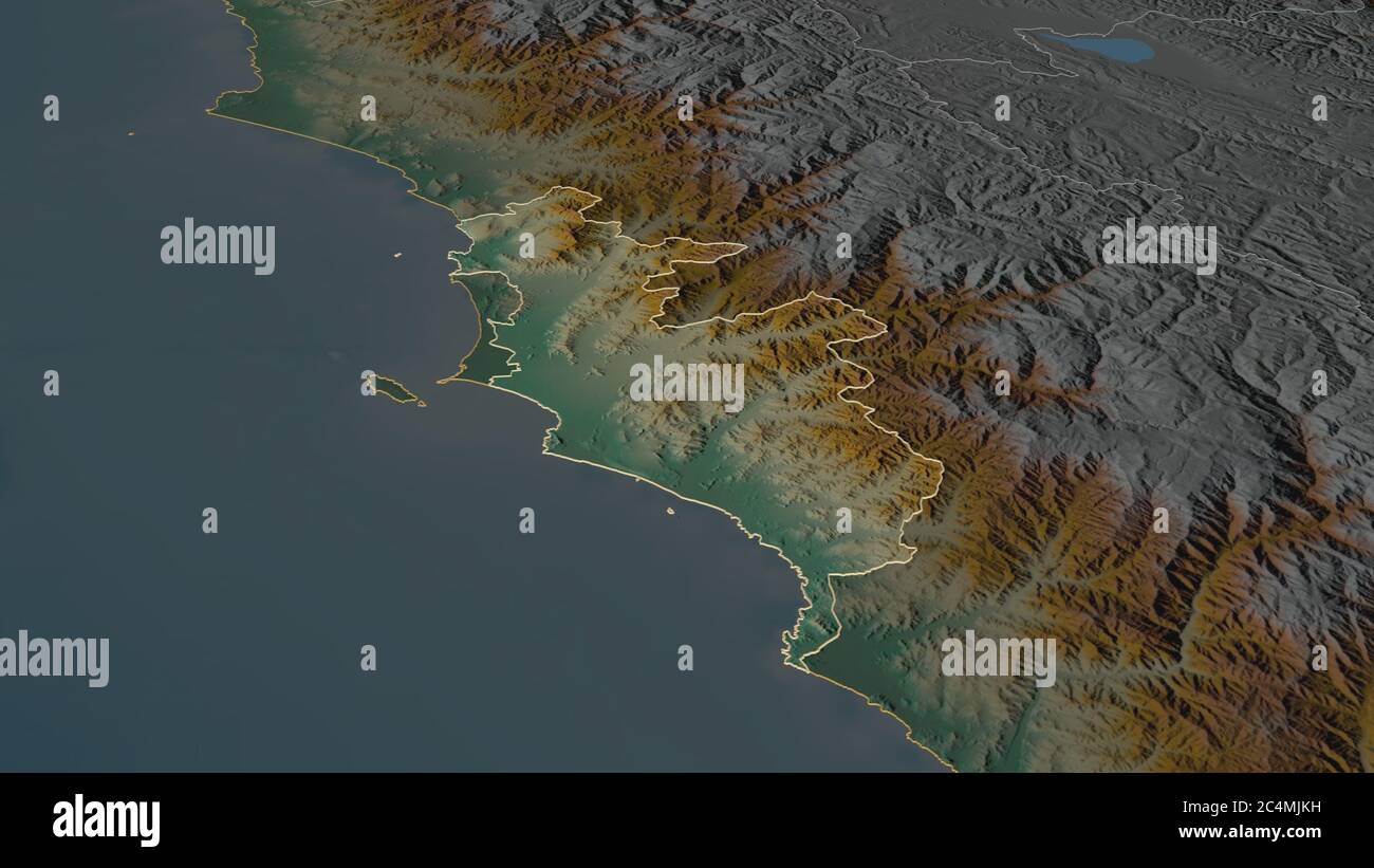 Zoom in on Lima Province (province of Peru) outlined. Oblique ...