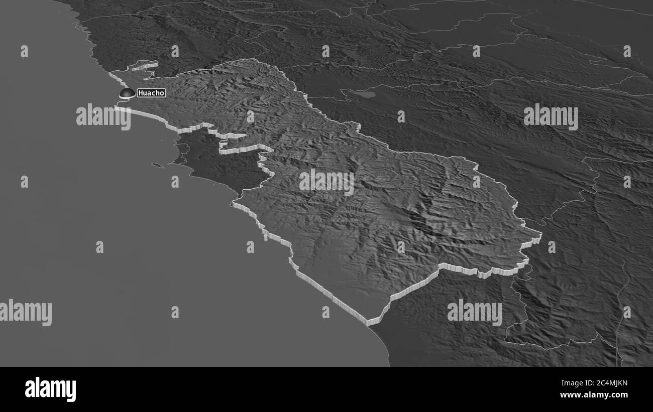 Zoom in on Lima (region of Peru) extruded. Oblique perspective. Bilevel ...