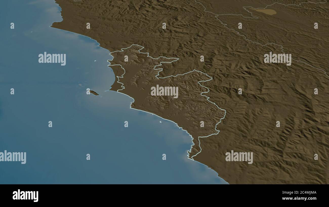 Zoom in on Lima Province (province of Peru) outlined. Oblique ...