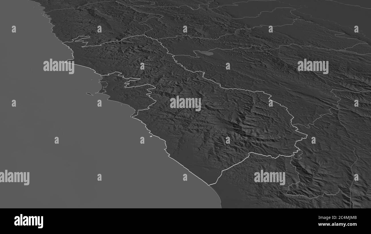 Zoom in on Lima (region of Peru) outlined. Oblique perspective. Bilevel ...