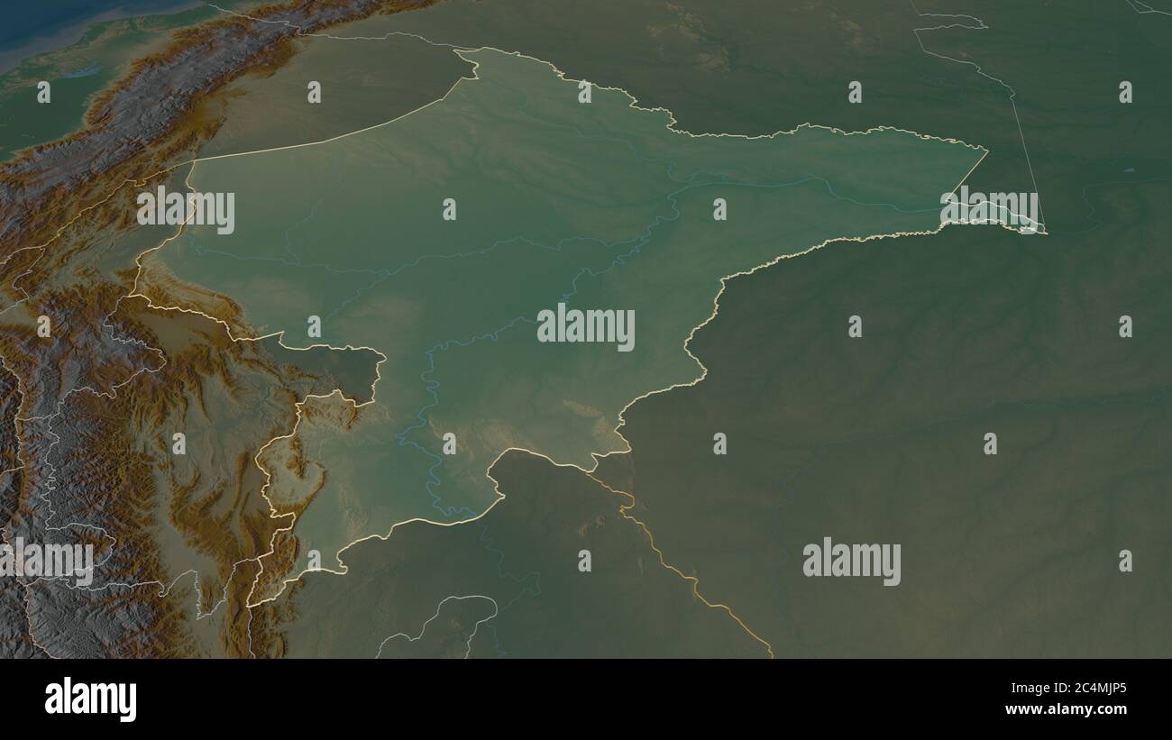 Zoom in on Loreto (region of Peru) outlined. Oblique perspective ...