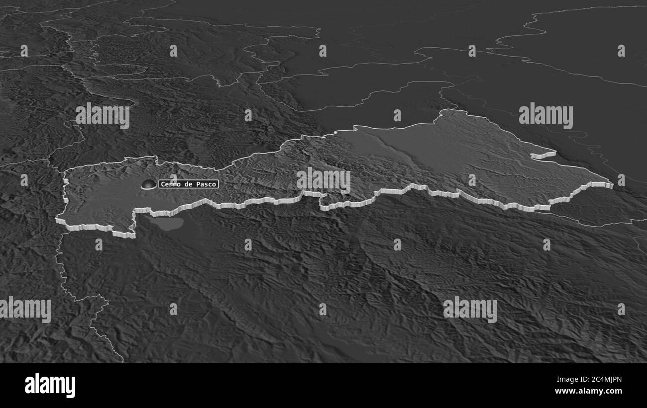 Zoom in on Pasco (region of Peru) extruded. Oblique perspective ...