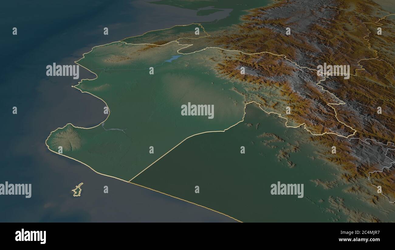 Zoom in on Piura (region of Peru) outlined. Oblique perspective ...
