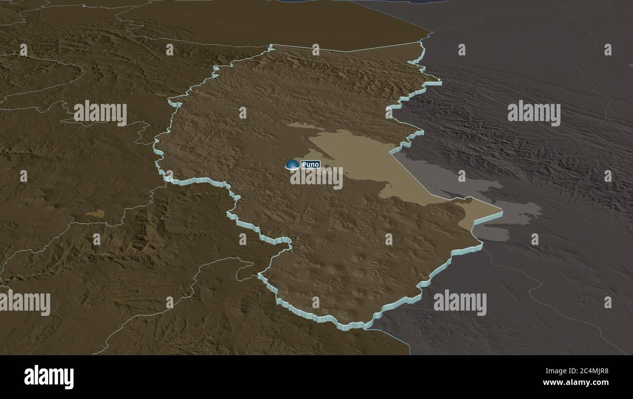 Zoom in on Puno (region of Peru) extruded. Oblique perspective. Colored ...