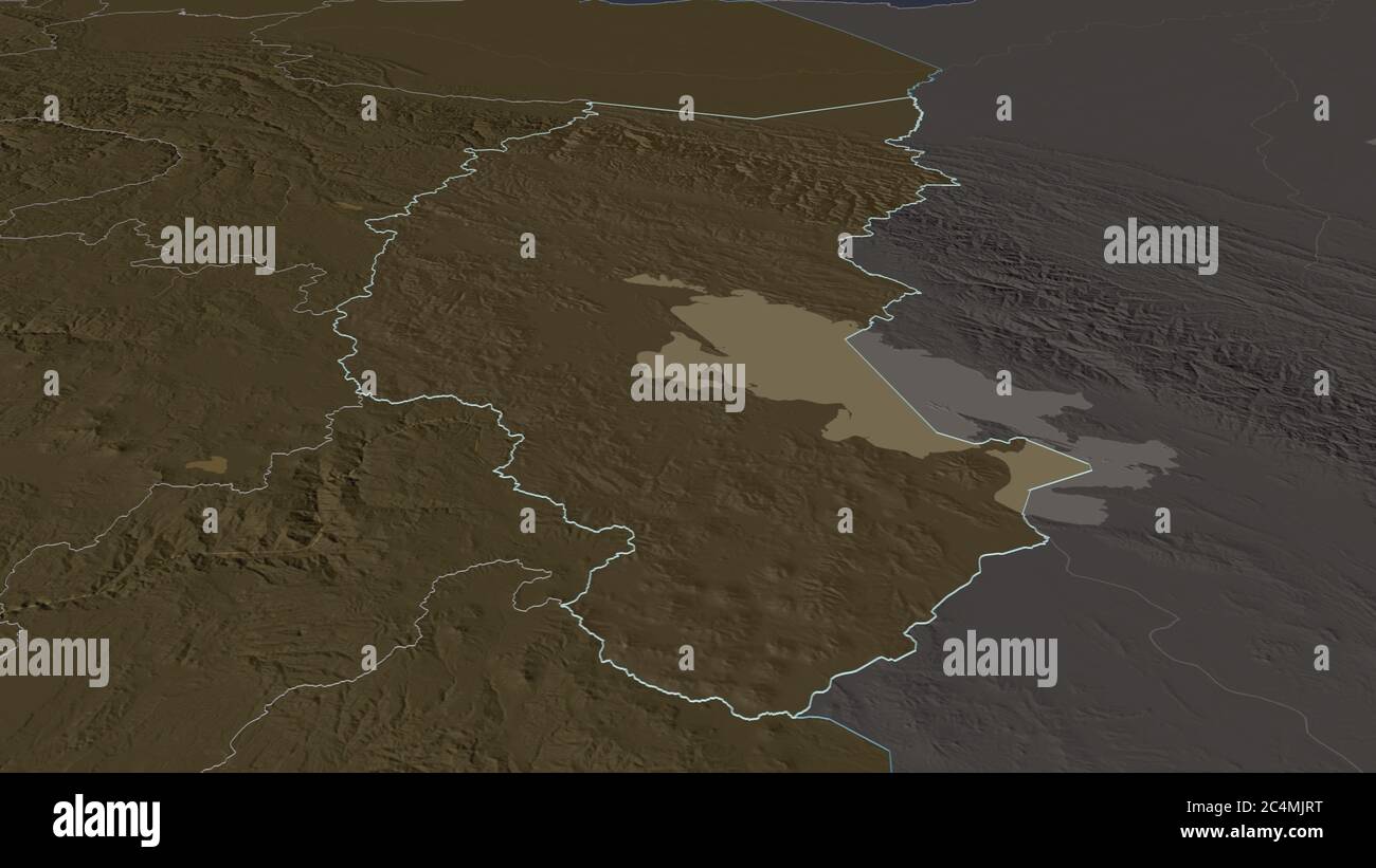 Zoom in on Puno (region of Peru) outlined. Oblique perspective. Colored ...
