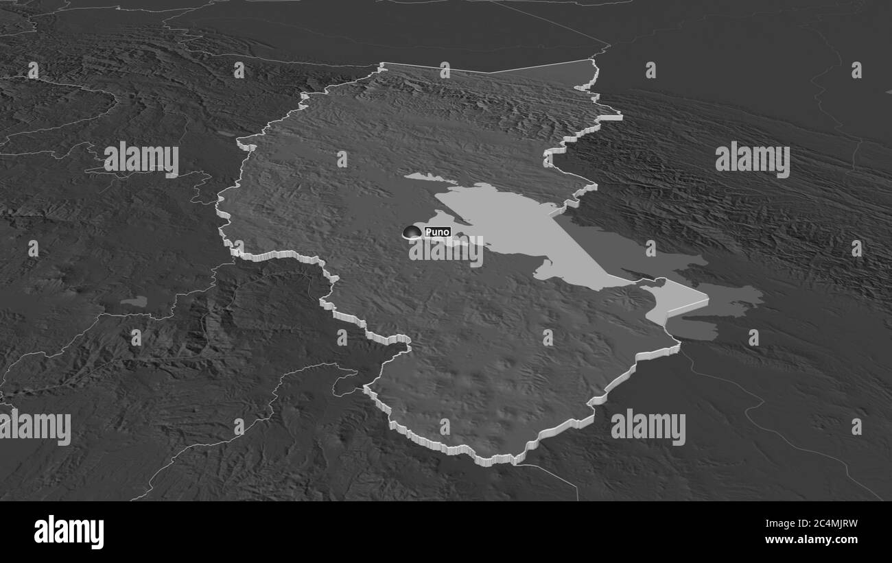 Zoom in on Puno (region of Peru) extruded. Oblique perspective. Bilevel ...