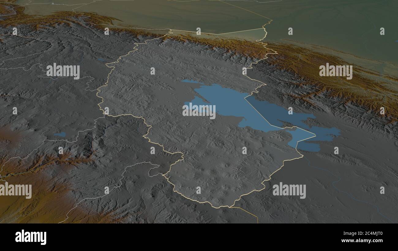 Zoom in on Puno (region of Peru) outlined. Oblique perspective ...