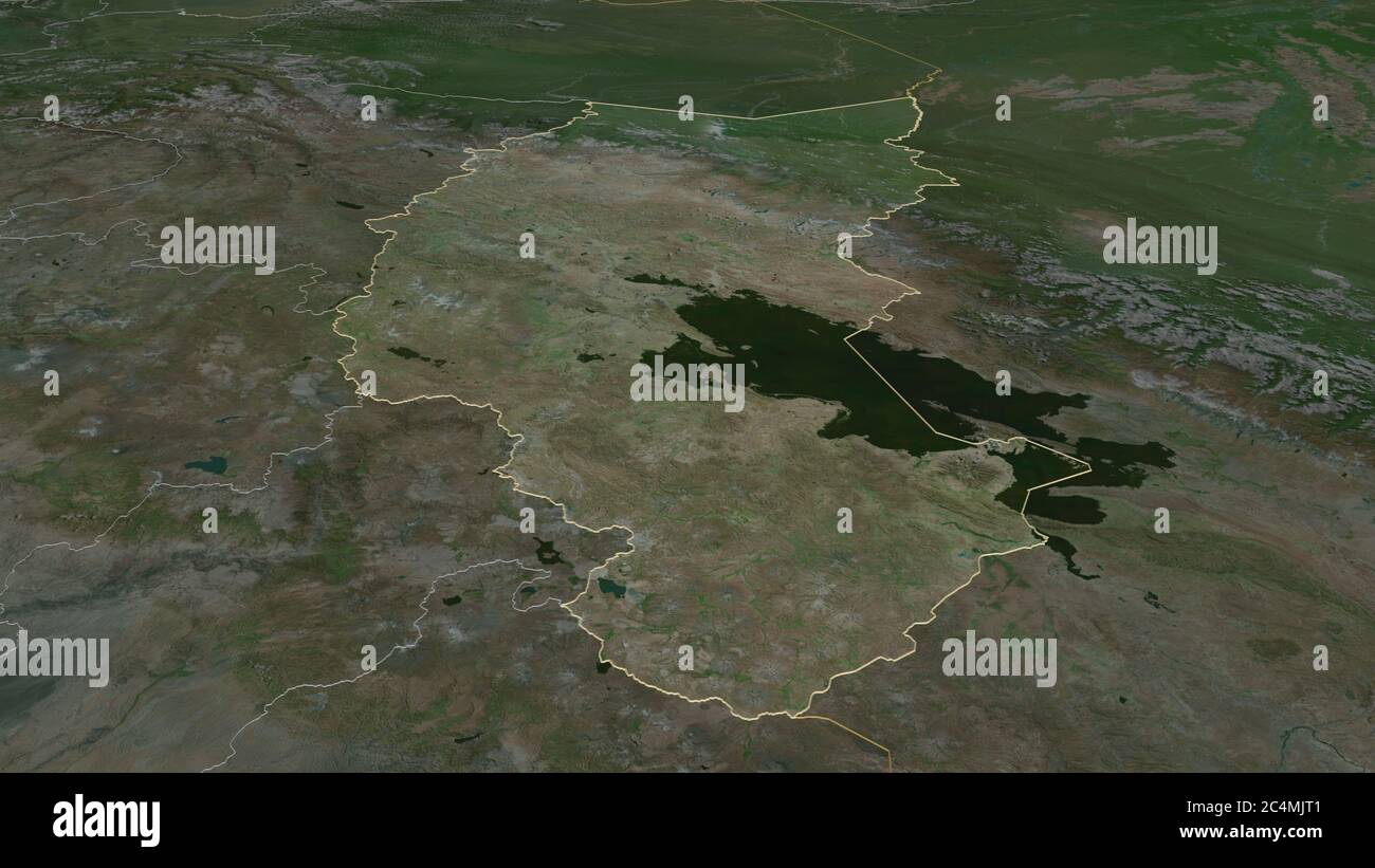 Zoom in on Puno (region of Peru) outlined. Oblique perspective ...