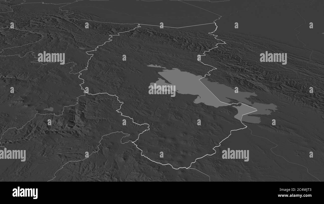 Zoom in on Puno (region of Peru) outlined. Oblique perspective. Bilevel ...