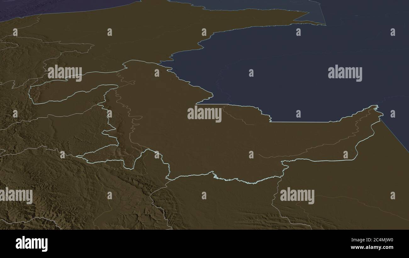 Zoom in on Ucayali (region of Peru) outlined. Oblique perspective ...