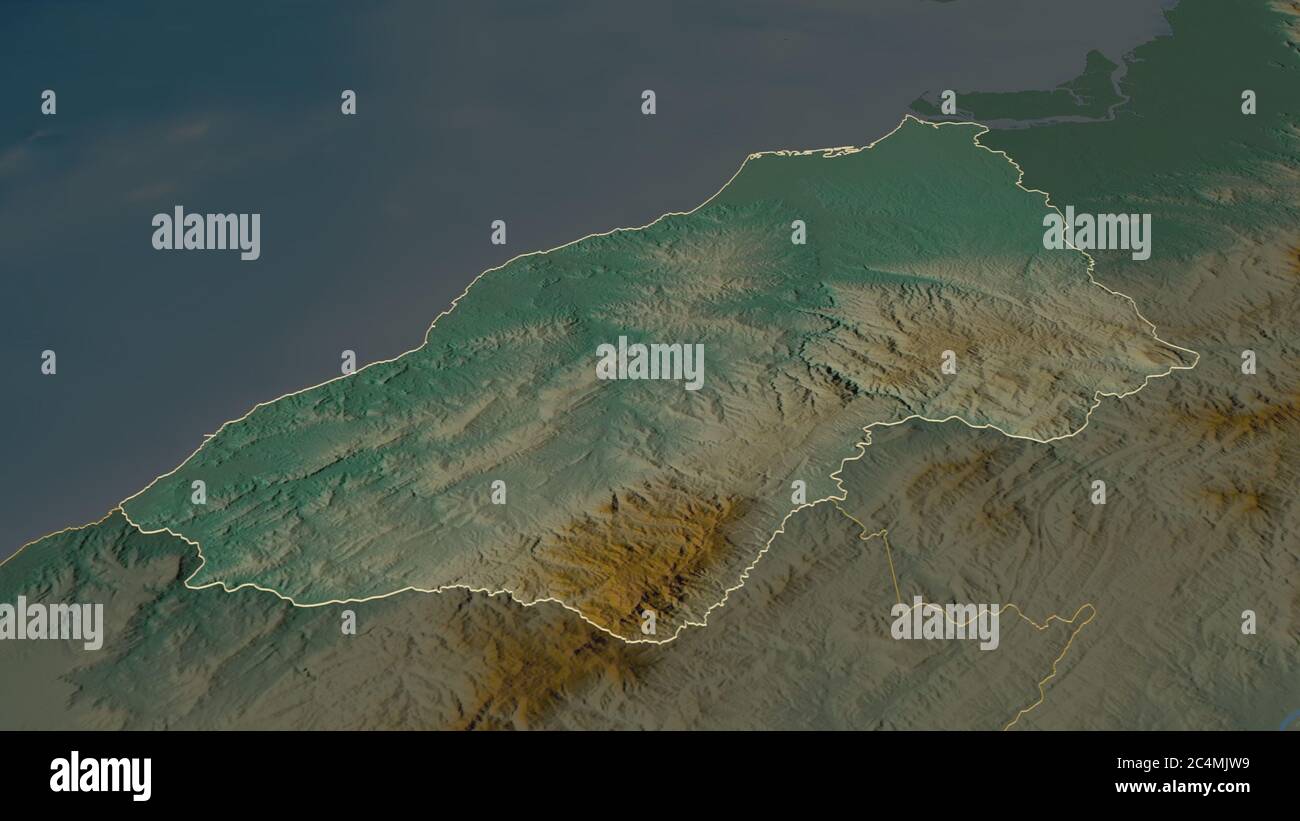 Zoom in on Tumbes (region of Peru) outlined. Oblique perspective ...