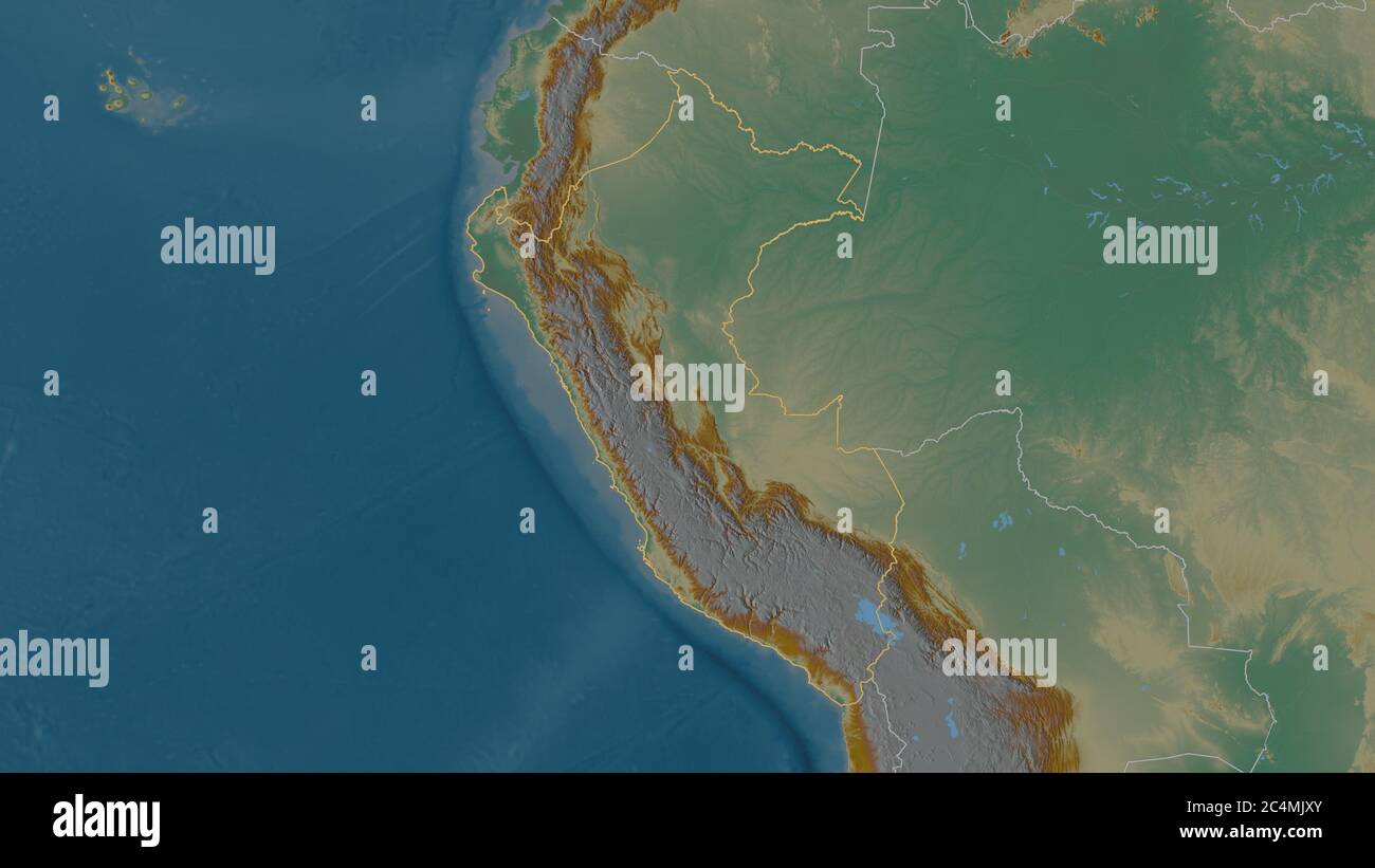 Outlined shape of the Peru area. Topographic relief map with surface ...