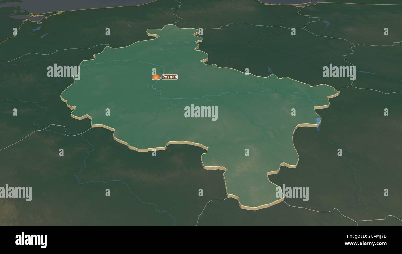 Zoom in on Greater Poland (voivodeship of Poland) extruded. Oblique ...