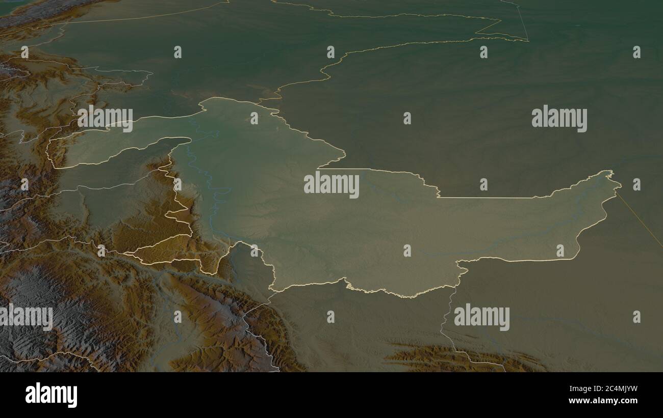 Zoom in on Ucayali (region of Peru) outlined. Oblique perspective ...