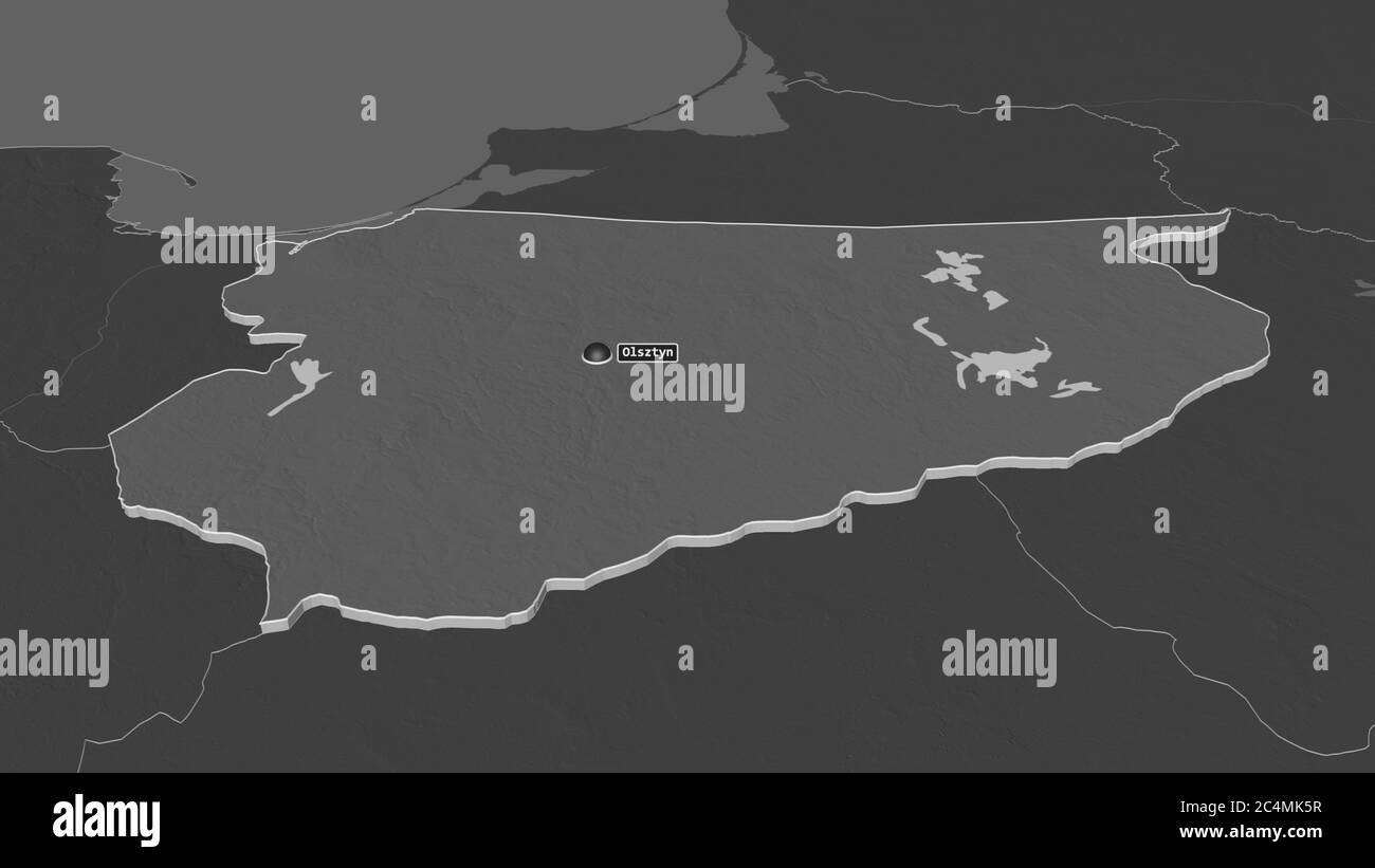 Zoom in on Warmian-Masurian (voivodeship of Poland) extruded. Oblique ...