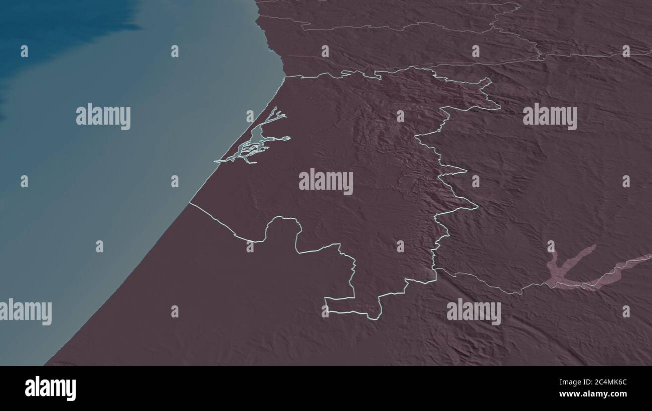 Zoom in on Aveiro (district of Portugal) outlined. Oblique perspective ...