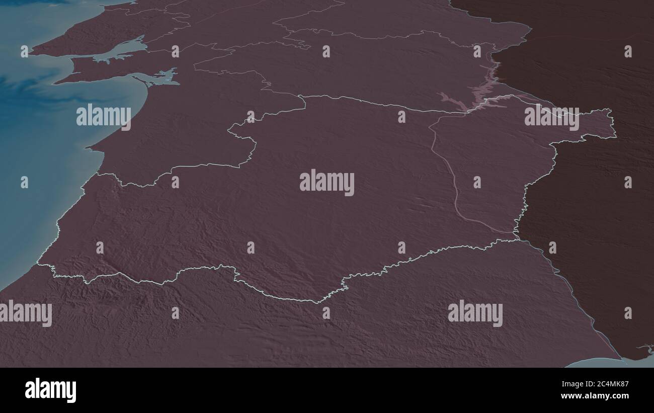 Zoom in on Beja (district of Portugal) outlined. Oblique perspective ...