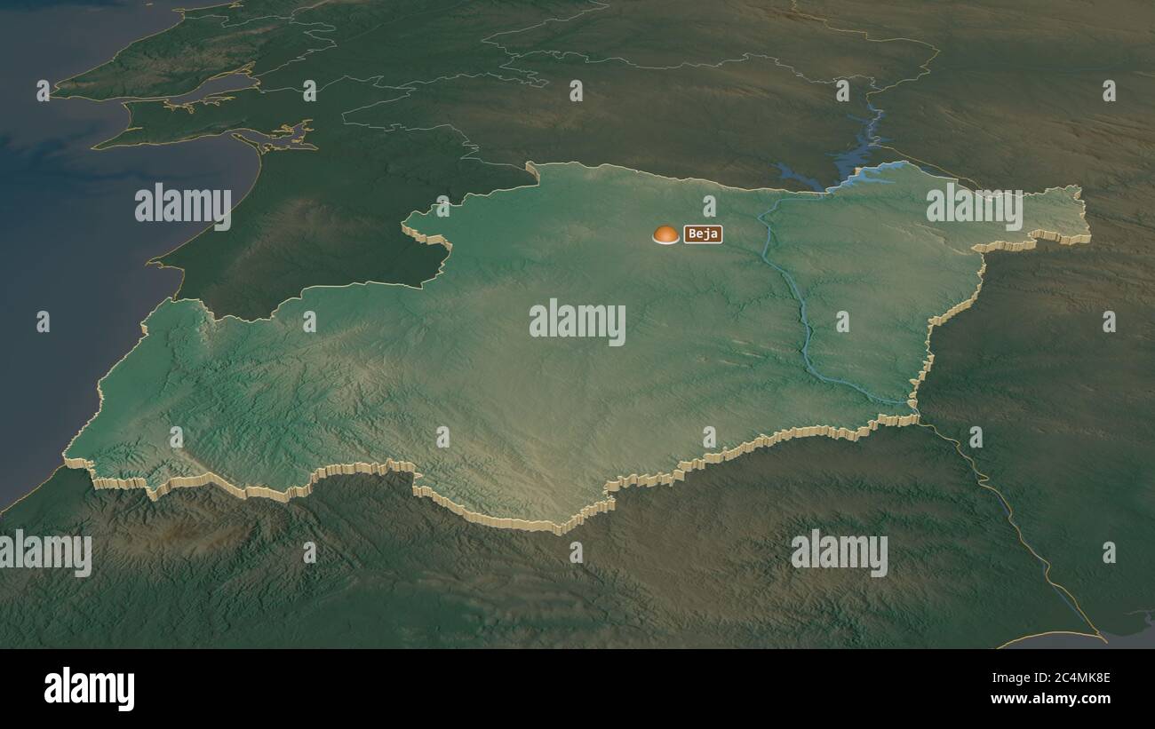 Zoom in on Beja (district of Portugal) extruded. Oblique perspective ...