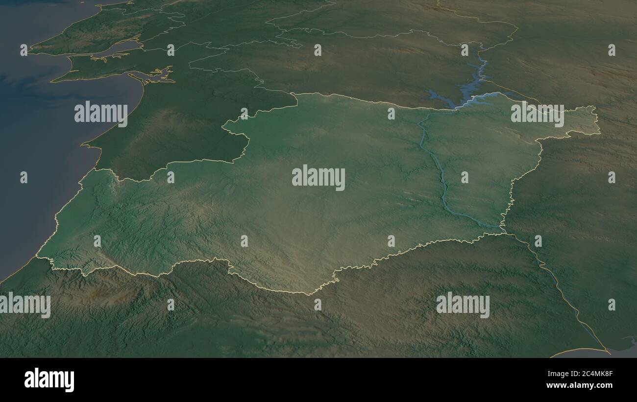 Zoom in on Beja (district of Portugal) outlined. Oblique perspective ...