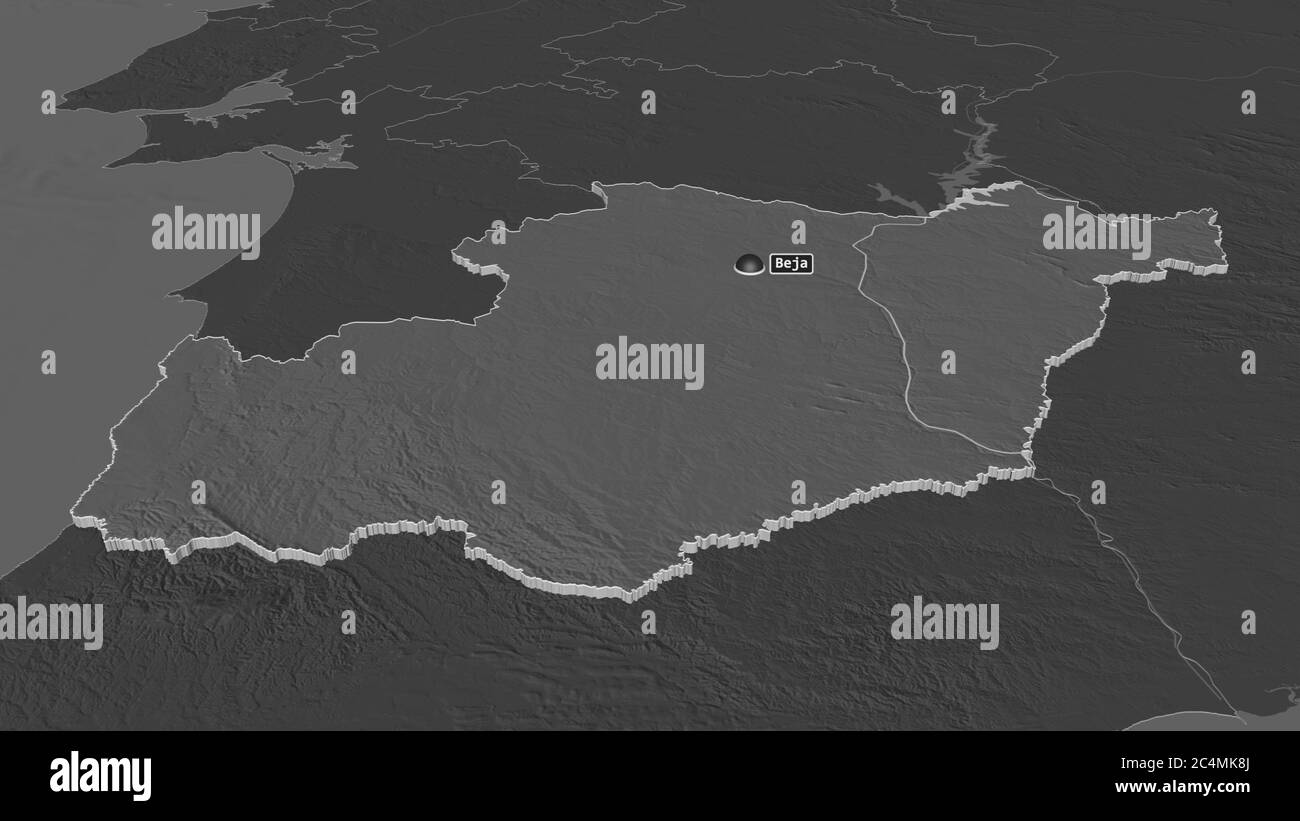 Zoom in on Beja (district of Portugal) extruded. Oblique perspective ...