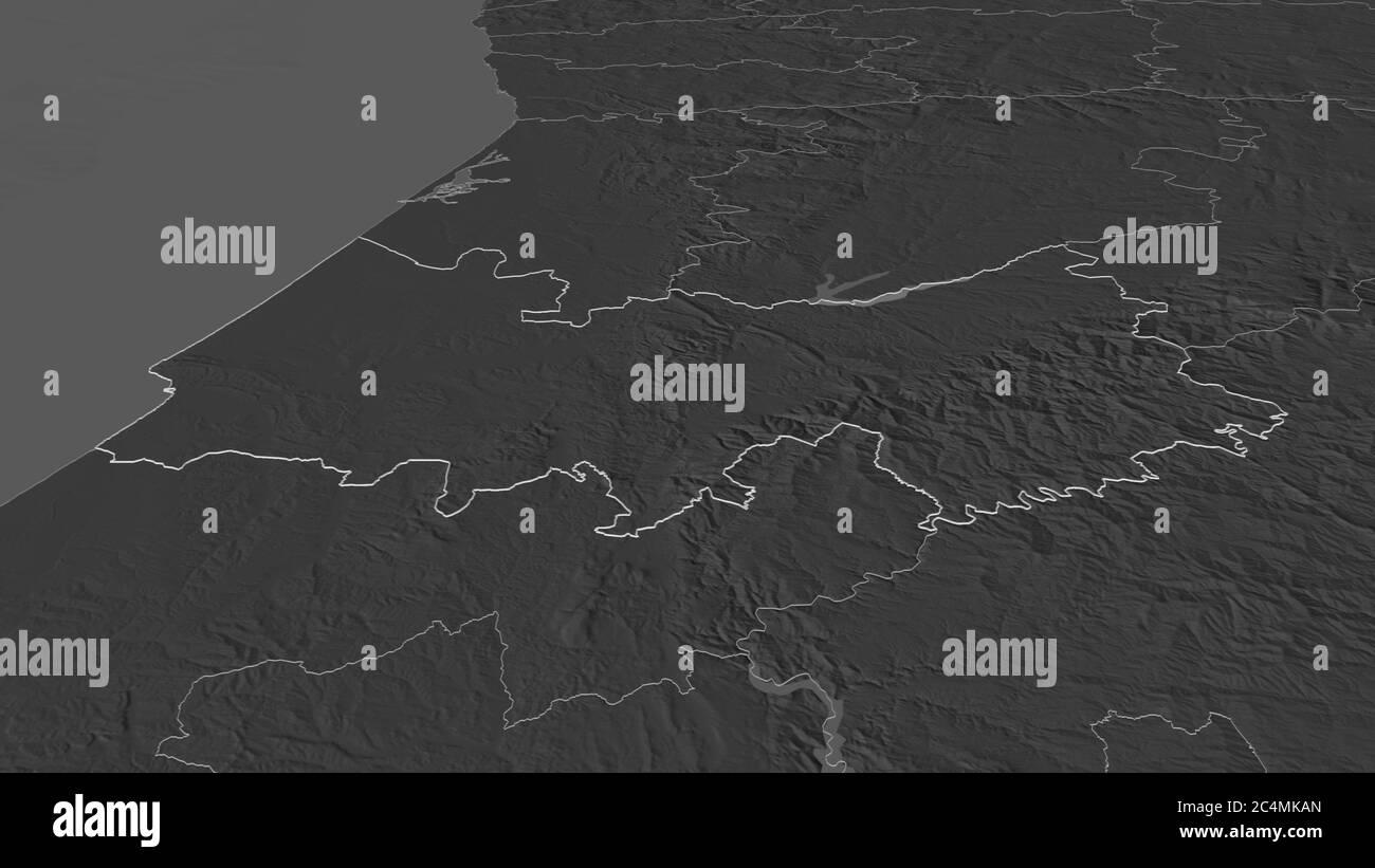 Zoom in on Coimbra (district of Portugal) outlined. Oblique perspective ...
