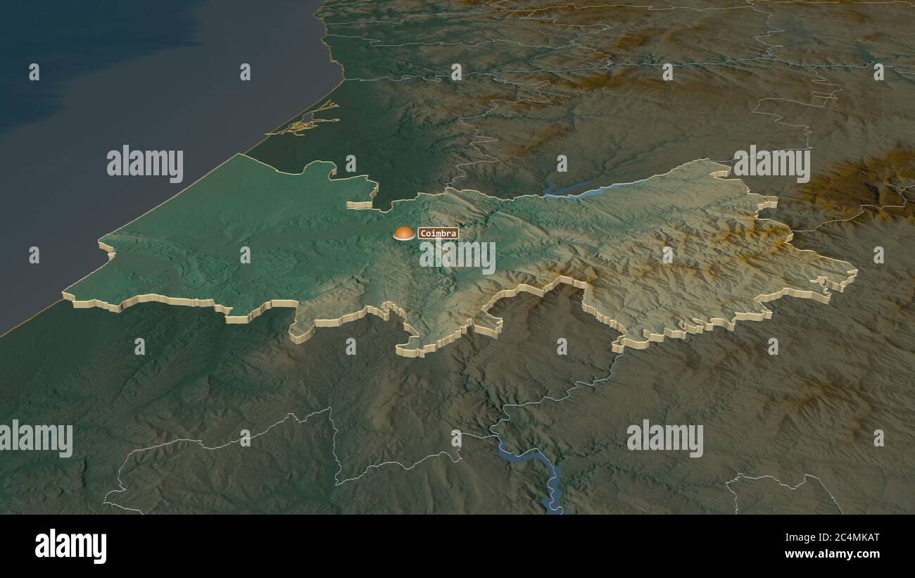 Zoom in on Coimbra (district of Portugal) extruded. Oblique perspective ...
