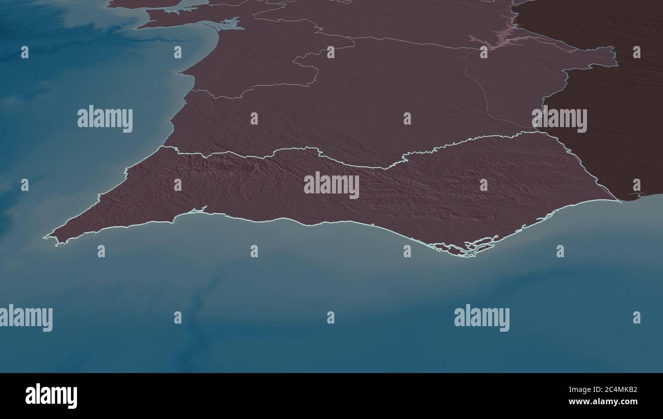 Zoom in on Faro (district of Portugal) outlined. Oblique perspective ...