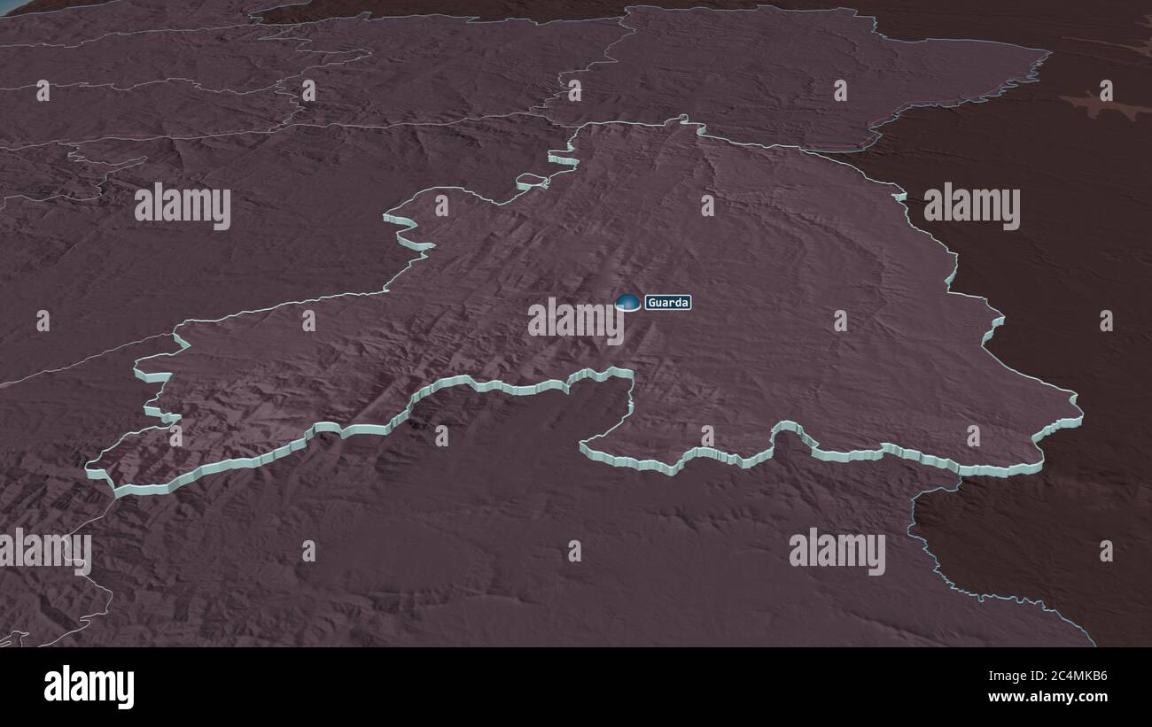 Zoom in on Guarda (district of Portugal) extruded. Oblique perspective ...