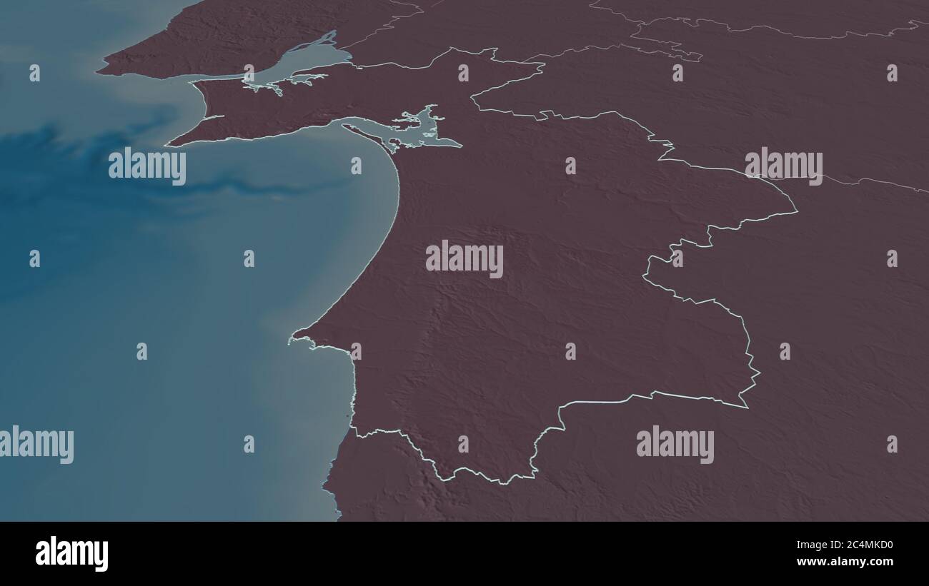 Zoom in on Setúbal (district of Portugal) outlined. Oblique perspective ...