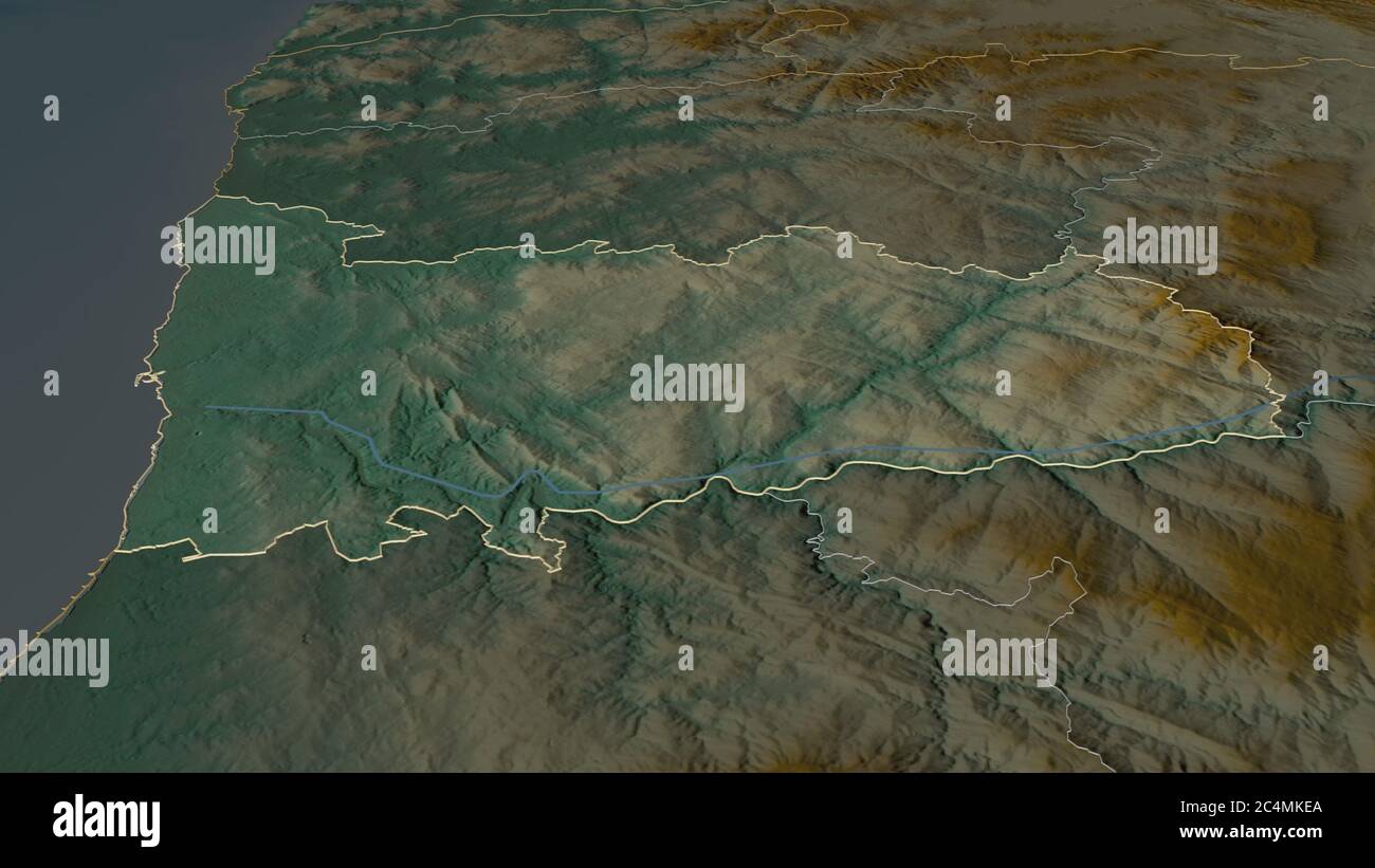 Zoom in on Porto (district of Portugal) outlined. Oblique perspective ...