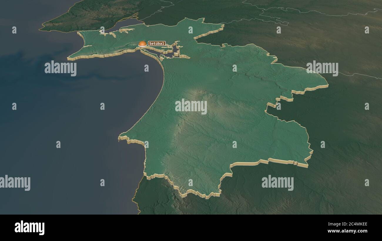 Zoom in on Setúbal (district of Portugal) extruded. Oblique perspective ...