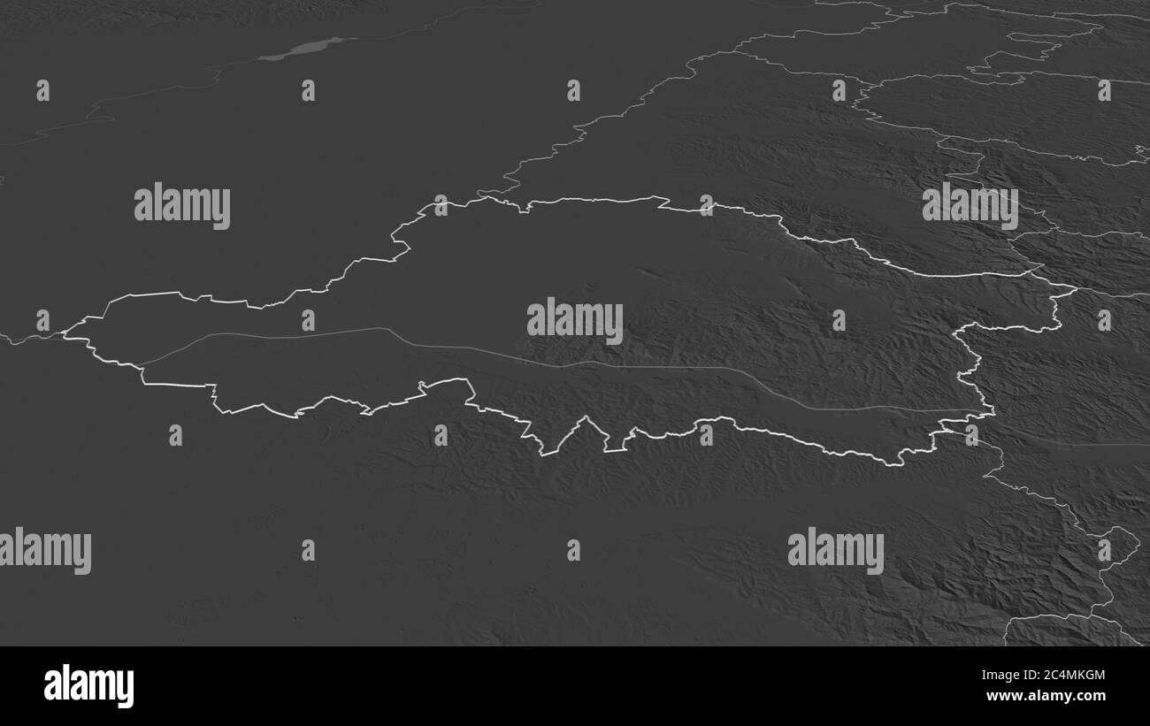 Zoom in on Arad (county of Romania) outlined. Oblique perspective ...