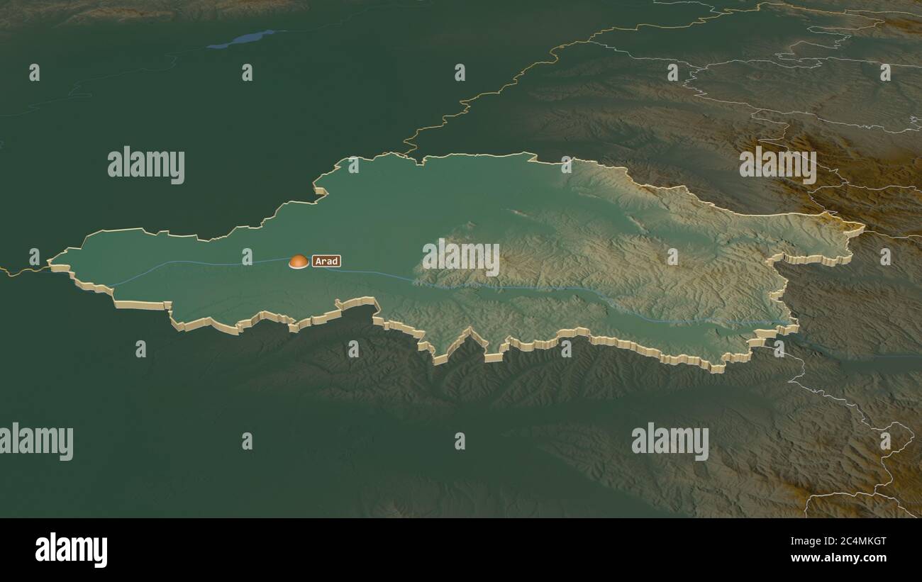 Zoom in on Arad (county of Romania) extruded. Oblique perspective ...