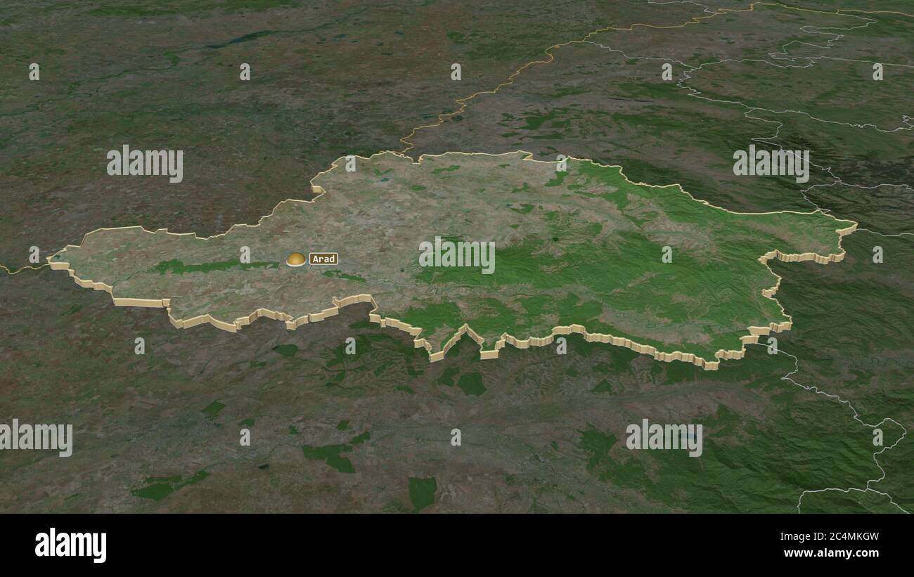 Zoom in on Arad (county of Romania) extruded. Oblique perspective ...