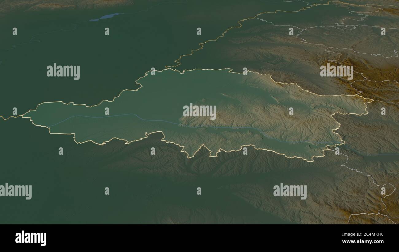 Zoom in on Arad (county of Romania) outlined. Oblique perspective ...